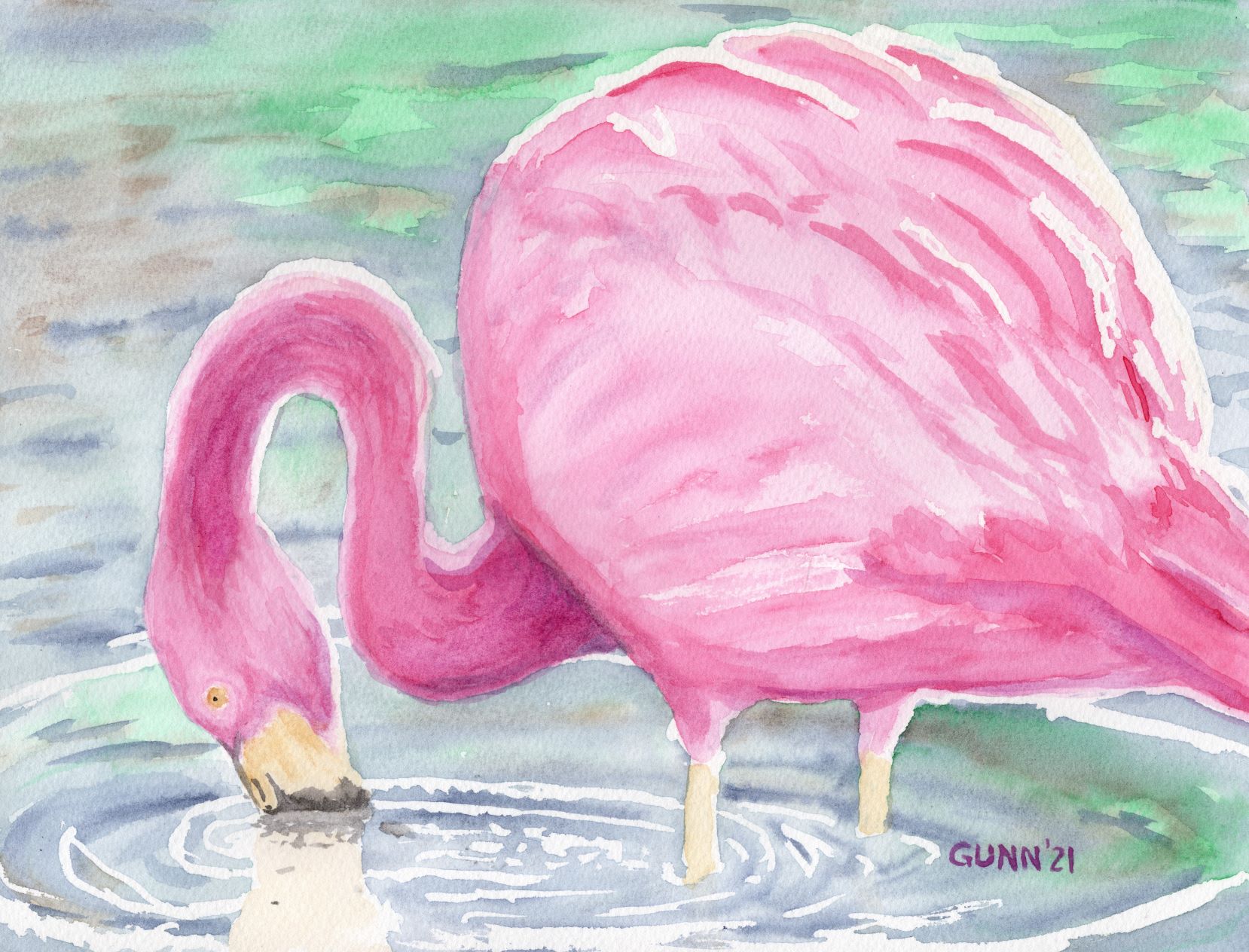 Flamingo in Rippled Water watercolor painting - KM Gunn Art