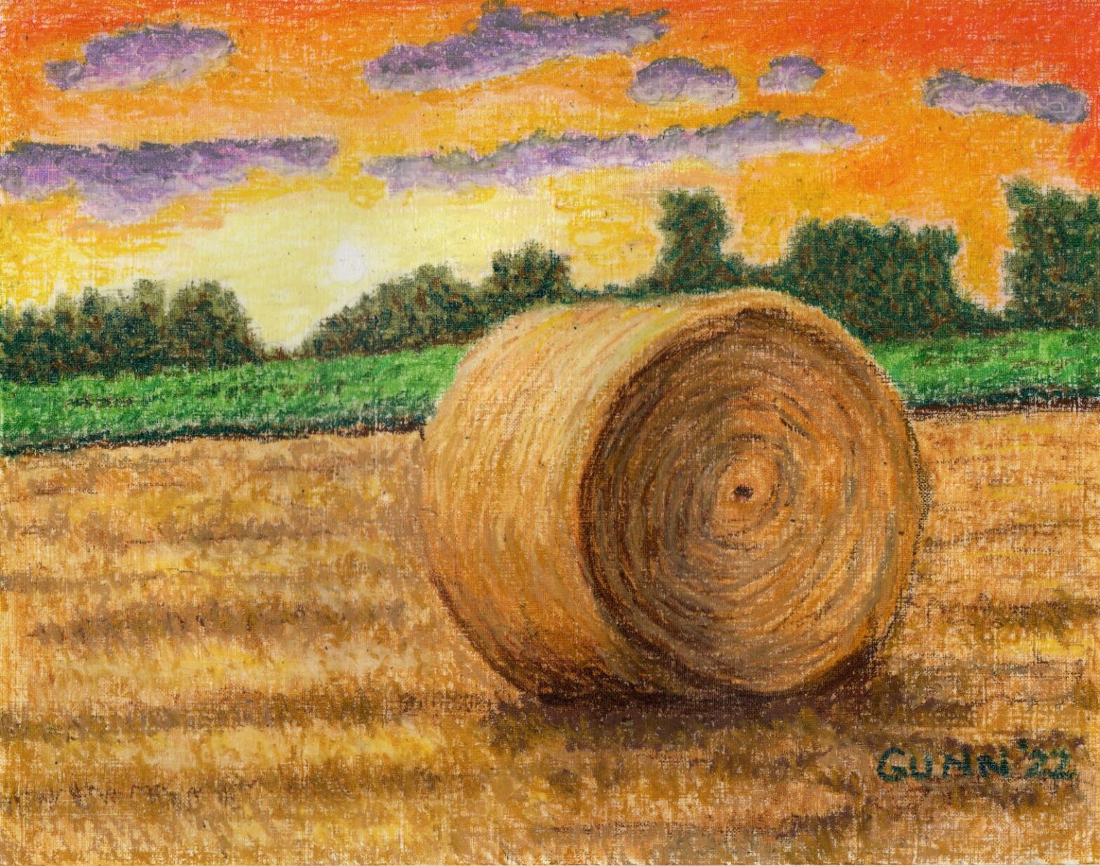 Sunset Over the Hayfield landscape in oil pastel - KM Gunn Art